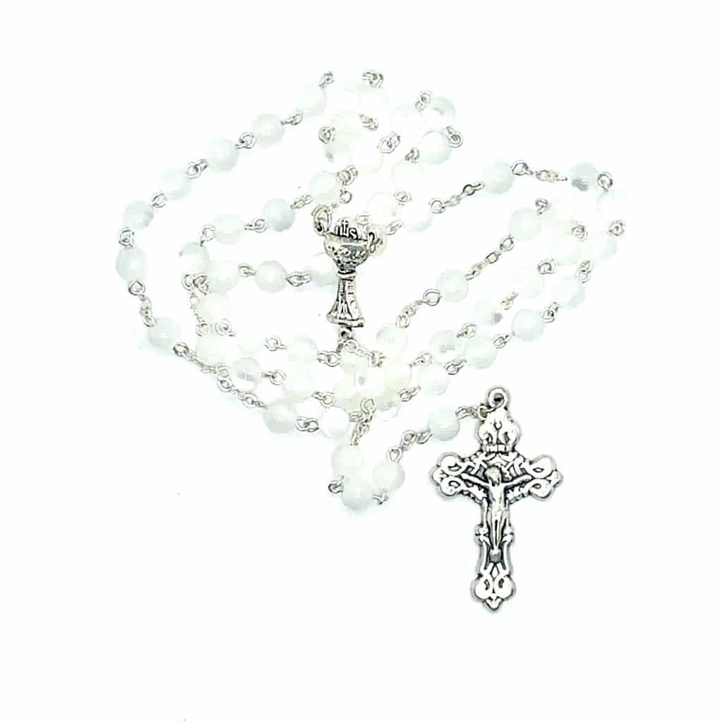 Boxed White Communion Round Bead Rosary » Catholic Devotions